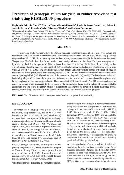 Pdf Prediction Of Genotypic Values For Yield In Rubber Tree Clone Test Trials Using Remlblup