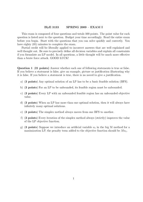 Engineering Optimization Exam Questions To Solve Isye 3133 Docsity