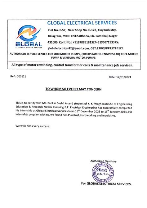 Sushil Bankar On Linkedin Hello Connections I Have Completed An Internship At Global Electrical