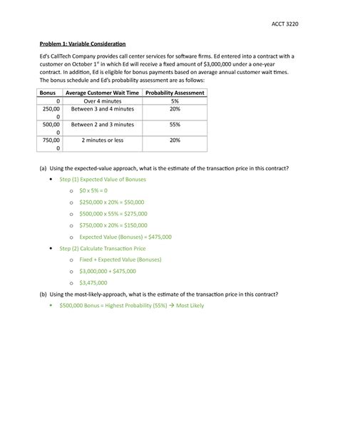 Variable Consideration Allocating Transaction Price Acct 3220 Problem 1 Variable