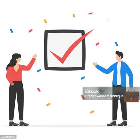 행복한 사업가들은 책임 있는 프로젝트를 마친 후 완료된 체크 표시를 축하합니다 완료 작업 성취 또는 프로젝트 완료 체크리스트