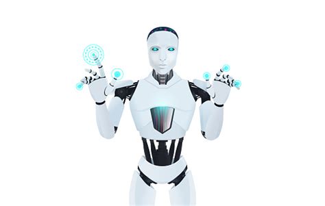 자세를 취한 Ai 로봇은 서서 홀로그램 버튼과 화면을 공중에 띄우는 방식으로 무언가를 제어한다 인공 지능 개념의 작업에 대한 그림입니다 로봇에 대한 스톡 벡터 아트 및 기타