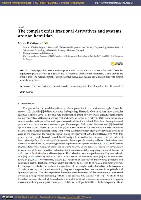 Pdf The Complex Order Fractional Derivatives And Systems Are Non Hermitian
