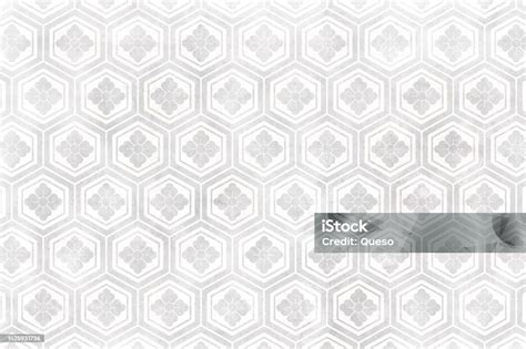 흰색 배경에 은색 거북이 껍질 꽃의 일본 패턴 배경 일본 종이 스타일 질감 우아하고 고전적인 이미지 육각형 타일 전통적인 일본