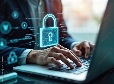 Business Person Works On Laptop Hands Type On Keyboard Cyber Security