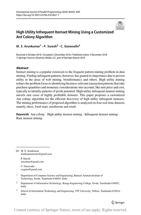 high utility infrequent itemset mining using a customized ant colony algorithm request pdf