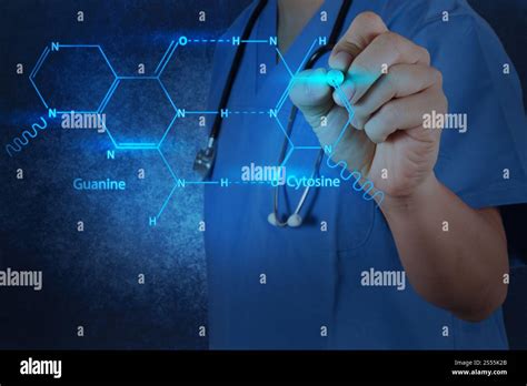Chemist Doctor Hand Drawing Chemical Formulas On Virtual Board Stock