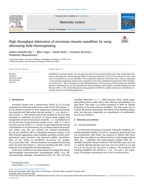 Pdf High Throughput Fabrication Of Zirconium Titanate Nanofibers By Using Alternating Field