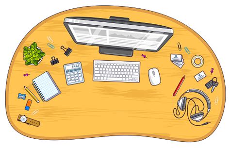 나무 사무실 직원 또는 기업 Pc 컴퓨터와 다양 한 편지지 개체 작업에 대 한 텍스트 복사 공간 책상 직장을 작동 합니다 모든 요소는 별도로 사용 하기 쉽습니다 벡터입니다