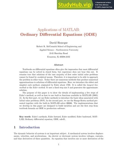 applications of matlab ordinary differential equations ode pdf