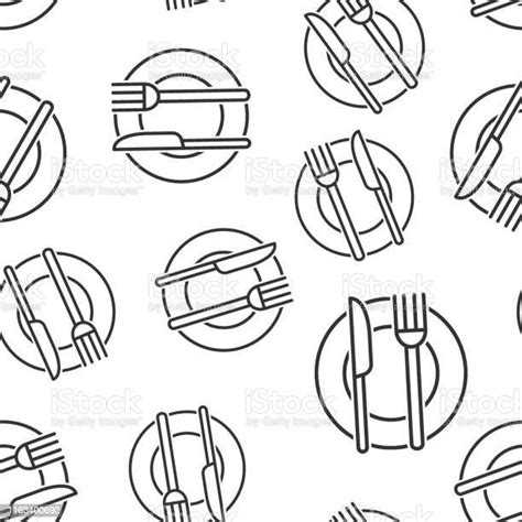 포크 나이프 와 플레이트 아이콘 원활한 패턴 배경 흰색 고립 된 배경에 레스토랑 벡터 그림입니다 저녁 식사 비즈니스 개념입니다 0명에 대한 스톡 벡터 아트 및 기타 이미지