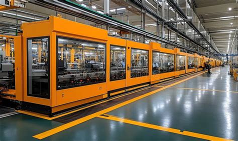 Automated Plastic Molding Assembly Line In A Modern Factory Stock