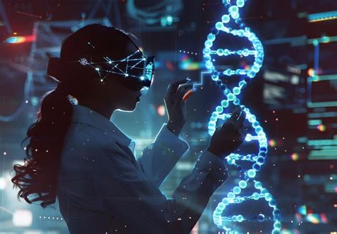 Female Scientist Wearing Vr Headset Touching Dna Premium Ai Generated Image