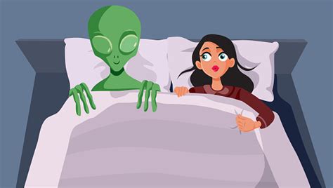 Woman In Bed With An Alien Vector Funny Concept Illustration Stock