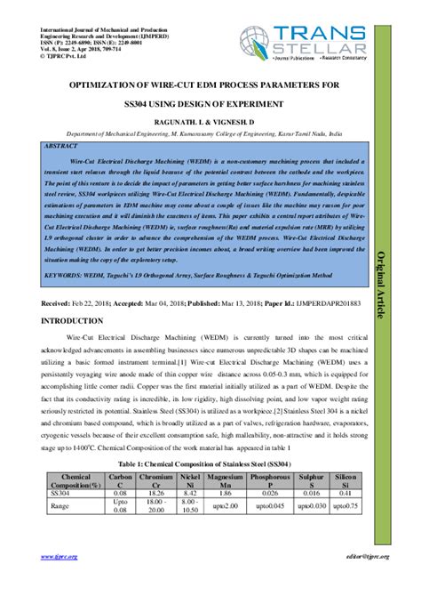 Pdf Optimization Of Wire Cut Edm Process Parameters For Ss304 Using Design Of Experiment