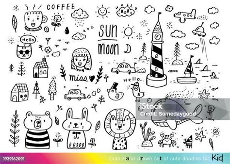 아이에 대 한 귀여운 낙서의 벡터 일러스트 레이 션 장식에 대 한 귀여운 낙서의 손으로 그린 세트 재미 있는 낙서 손으로 그린 여름 아이의 삶에서 물건의 낙서 세트 귀여운
