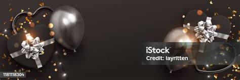 반짝이는 조명 화환의 배경 축제 디자인 하트 모양 검은 풍선과 반짝이 골드 색종이와 현실적인 선물 상자 휴일 포스터 인사말 카드 헤더 웹 사이트 3차원 형태에 대한 스톡