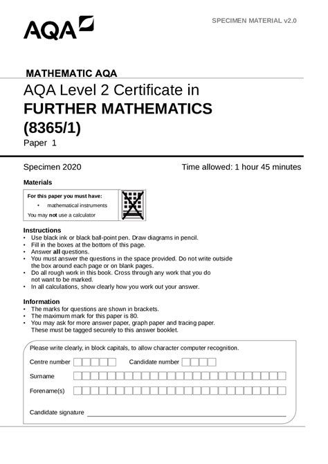 Aqa Level 2 Certificate In Further Mathematics 8365 1 Paper 1