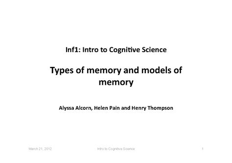 Memory Models Lecture Notes March 21 2012 Intro To Cognitive Science