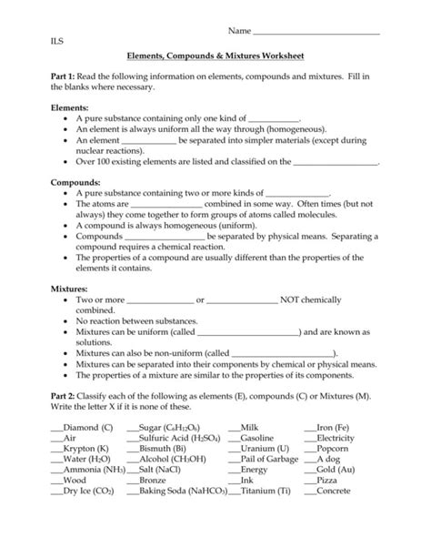 Elements Compounds And Mixtures Worksheet Answer Key — Db