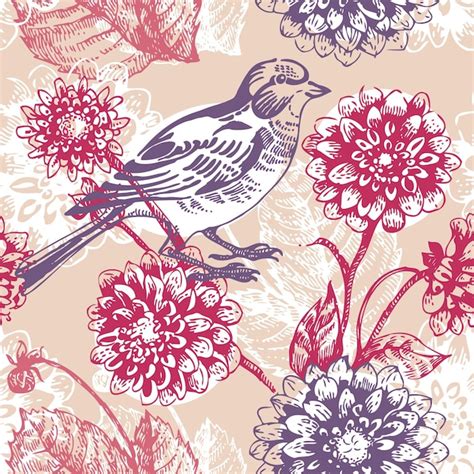 Premium Vector Floral Seamless Pattern With Bird