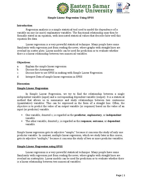 Statg5 Simple Linear Regression Using Spss Module Pdf Regression