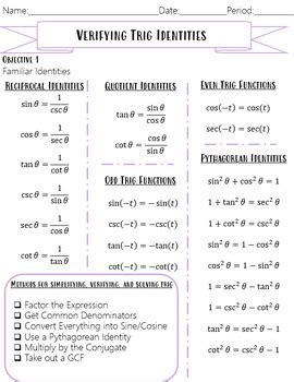Verifying Trig Equations Using Identities Guided Notes By Pi Ever