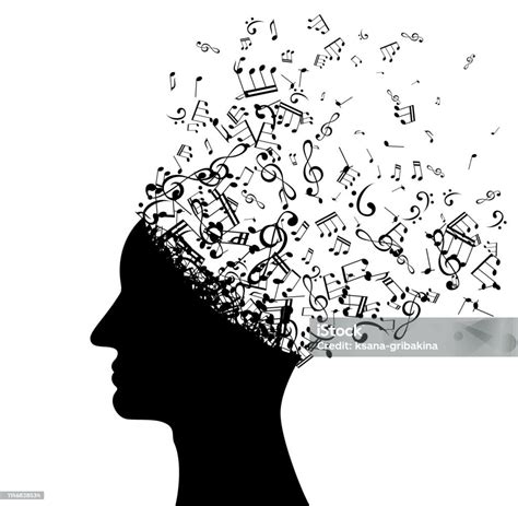 비행 노트와 머리 흩어져 실루엣에서 벡터 고립 된 장식 요소입니다 창의적인 사고 두뇌 및 혁신 탐구의 개념적 그림 음악에 대한 스톡 벡터 아트 및 기타 이미지 Istock