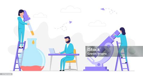 추상 의료 실험실 조사에서 만화 의사의 벡터 그림 큰 가전 제품 드롭퍼 플라스크 현미경으로 작업 블루 유니폼 전문 과학자 남성과