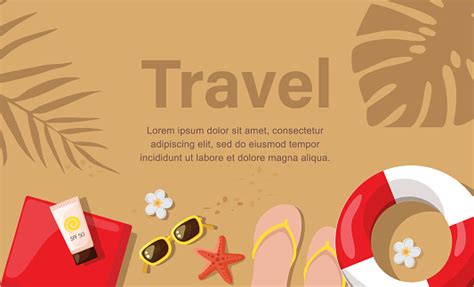 여행 일러스트레이션 비치 액세서리 선글라스 수건 자외선 차단제 모래 해변의 슬리퍼 0명에 대한 스톡 벡터 아트 및 기타 이미지 0명 개념 개인 장식품 Istock