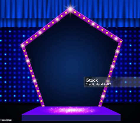 파란색 커튼 연단과 복고풍 빨간 아치 배너 모자이크 배경 프리젠 테이션 콘서트 쇼를위한 디자인 Fashion Show에 대한