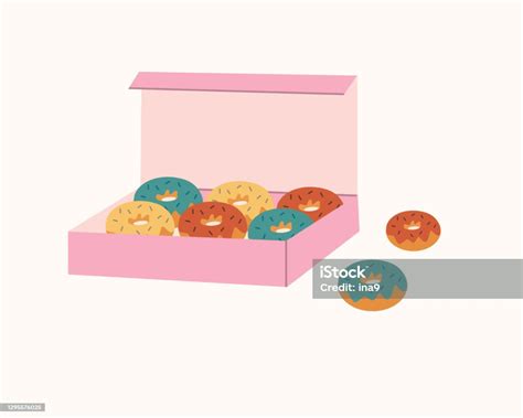 화려한 설탕으로 유약과 분홍색 판지 상자에 누워 흰색 배경에 고립 뿌려 얹어 도넛 맛있는 튀긴 반죽 과자 또는 디저트 벡터 플랫 일러스트레이션 도넛에 대한 스톡 벡터 아트