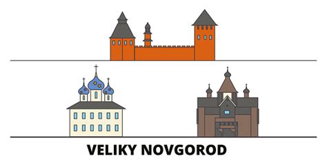 러시아 벨 리 키 노브고로드 플랫 랜드마크 벡터 일러스트 레이 션 러시아 벨 리 키 노브고로드 라인 도시 유명한 여행 명소 스카이라인 디자인 0명에 대한 스톡 벡터 아트 및