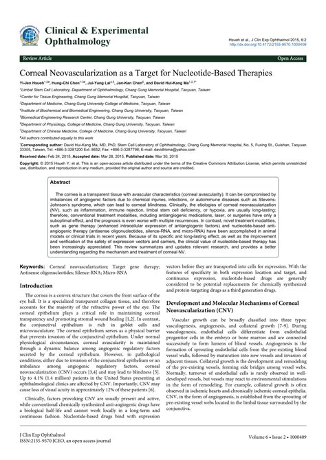 Pdf Corneal Neovascularization As A Target For Nucleotide Based Therapies
