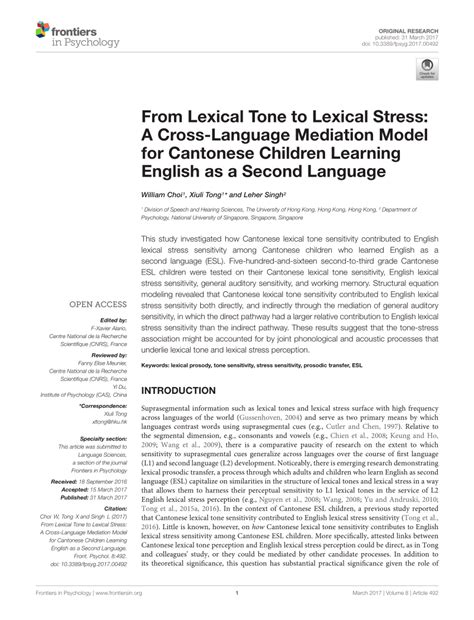 Pdf From Lexical Tone To Lexical Stress A Cross Language Mediation Model For Cantonese
