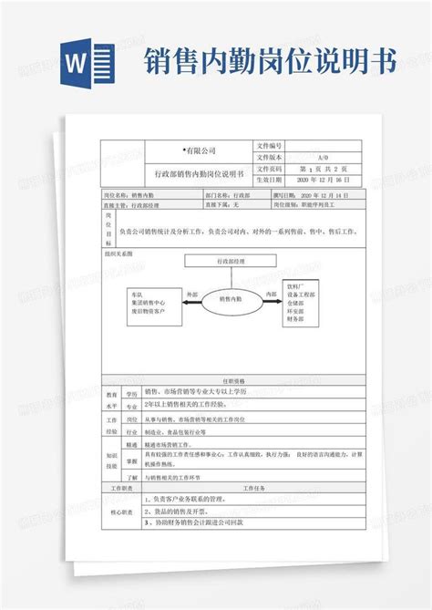 销售内勤岗位说明书word模板下载编号qvbrwbdw熊猫办公