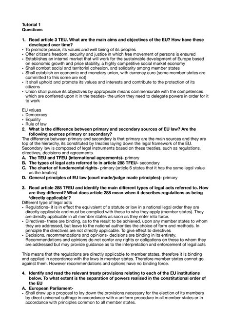Eu Tutorial Notes Tutorial 1 Questions 1 Read Article 3 Teu What
