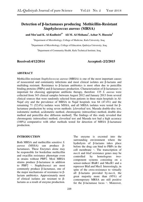 Pdf Detection Of β Lactamases Producing Methicillin Resistant Staphylococcus Aureus Mrsa