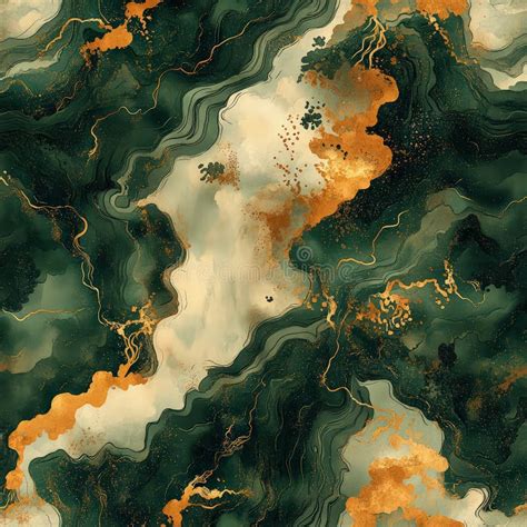 Abstract Fluid Artwork With Green Gold And Cream Swirling Design