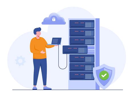 데이터 서버 개념 스토리지 기술 클라우드 시스템 데이터베이스 사람 장면의 템플릿 웹 사이트 폴더 데이터 센터에 대한 플랫 디자인의 문자 활동이 있는 벡터 그림 프리미엄 벡터