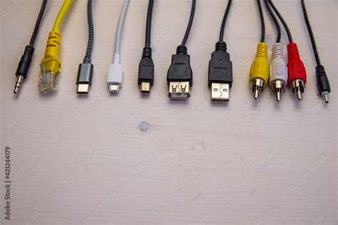 Foto Stock Various Types Of Plugs And Cables For Audio Video Computer Smartphone And