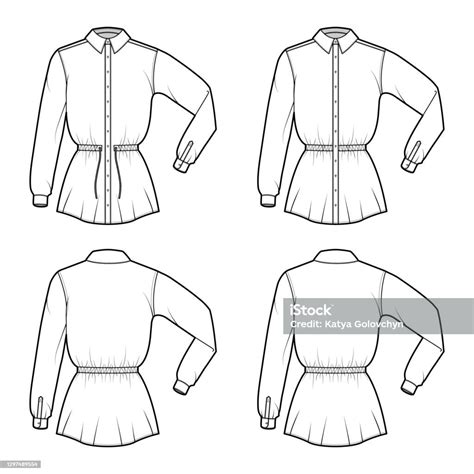 셔츠 드로스트링 세트는 접힌 소매 튜닉 길이 클래식 칼라가 있는 허리 테크니컬 패션 일러스트레이션을 모았습니다 0명에 대한 스톡 벡터 아트 및 기타 이미지 Istock