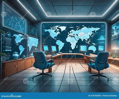 Advanced Command Center With Holograms And World Maps Concept Of High