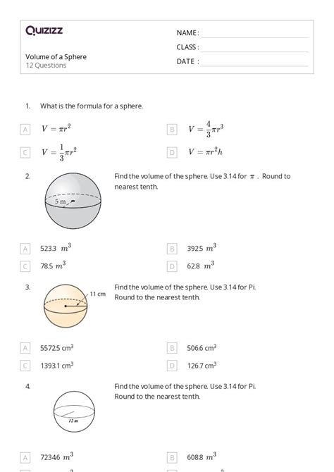 50 volume of a sphere worksheets on quizizz free and printable