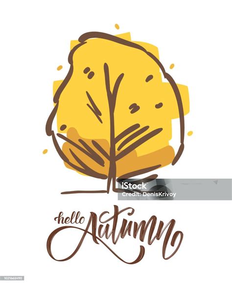 벡터 일러스트 레이 션 손으로 그린 안녕하세요가 손으로 쓴된 글자와 나무가을 인사말 카드 디자인입니다 9월에 대한 스톡 벡터 아트 및 기타 이미지 Istock
