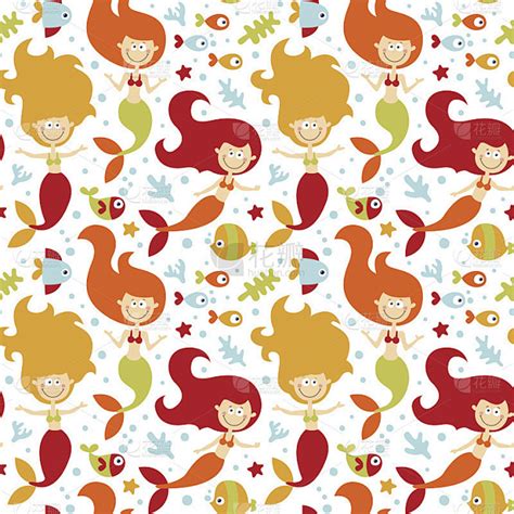 无缝可爱的海洋图案与美人鱼，鱼和海藻