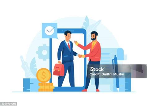 온라인 비즈니스 거래 온라인 비즈니스를 수행하는 파트너 악수에 대한 스톡 벡터 아트 및 기타 이미지 악수 전화 벡터 Istock