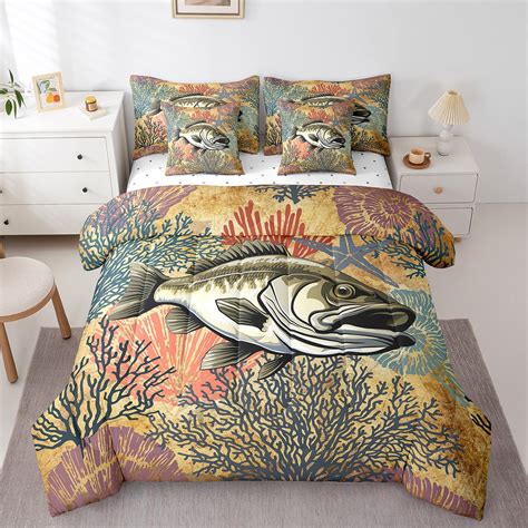 7 Pieces Big Pike Fish Comforter Hunting Fishing Fitted Sheet King