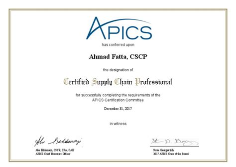 Apics Cscp Original Certificate Ahmad Fatta Pdf Business