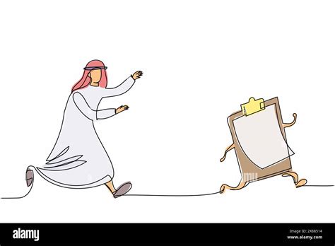 single continuous line drawing arab businessman chasing clipboard